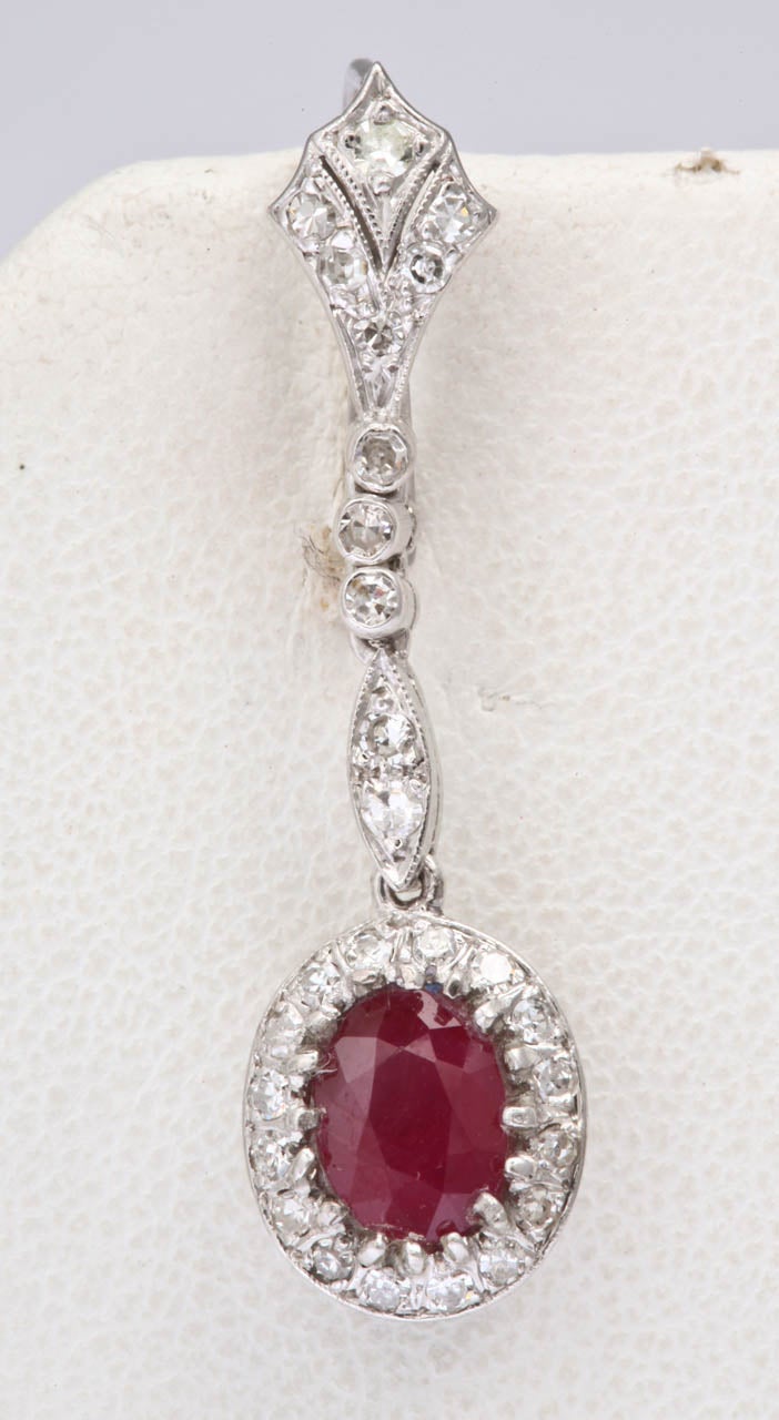 1940s Ruby Diamond White Gold Drop Dangle Earrings at 1stDibs