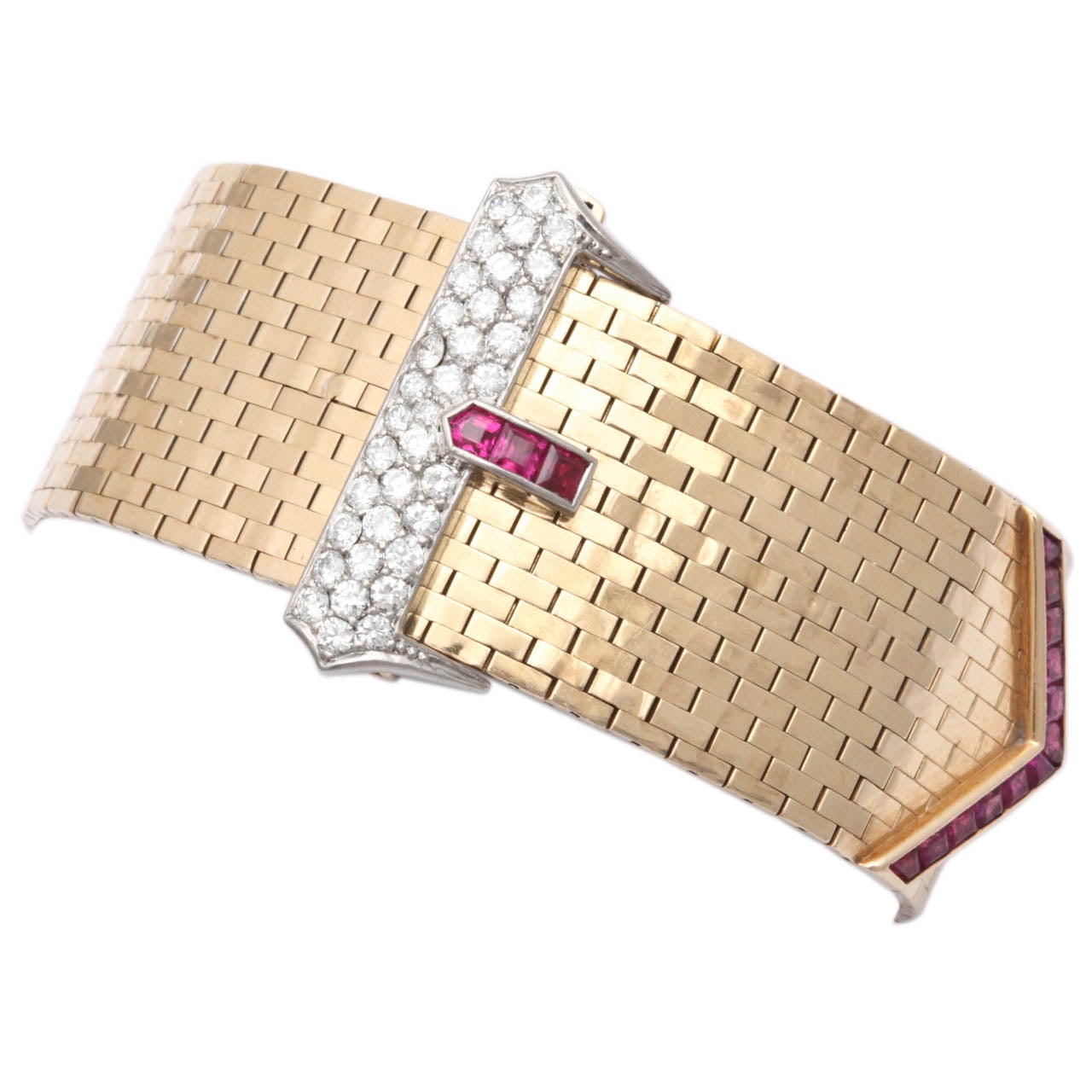 1940s Tiffany and Co. Ruby Diamond Gold Brick Mesh Belt Bracelet at 1stDibs