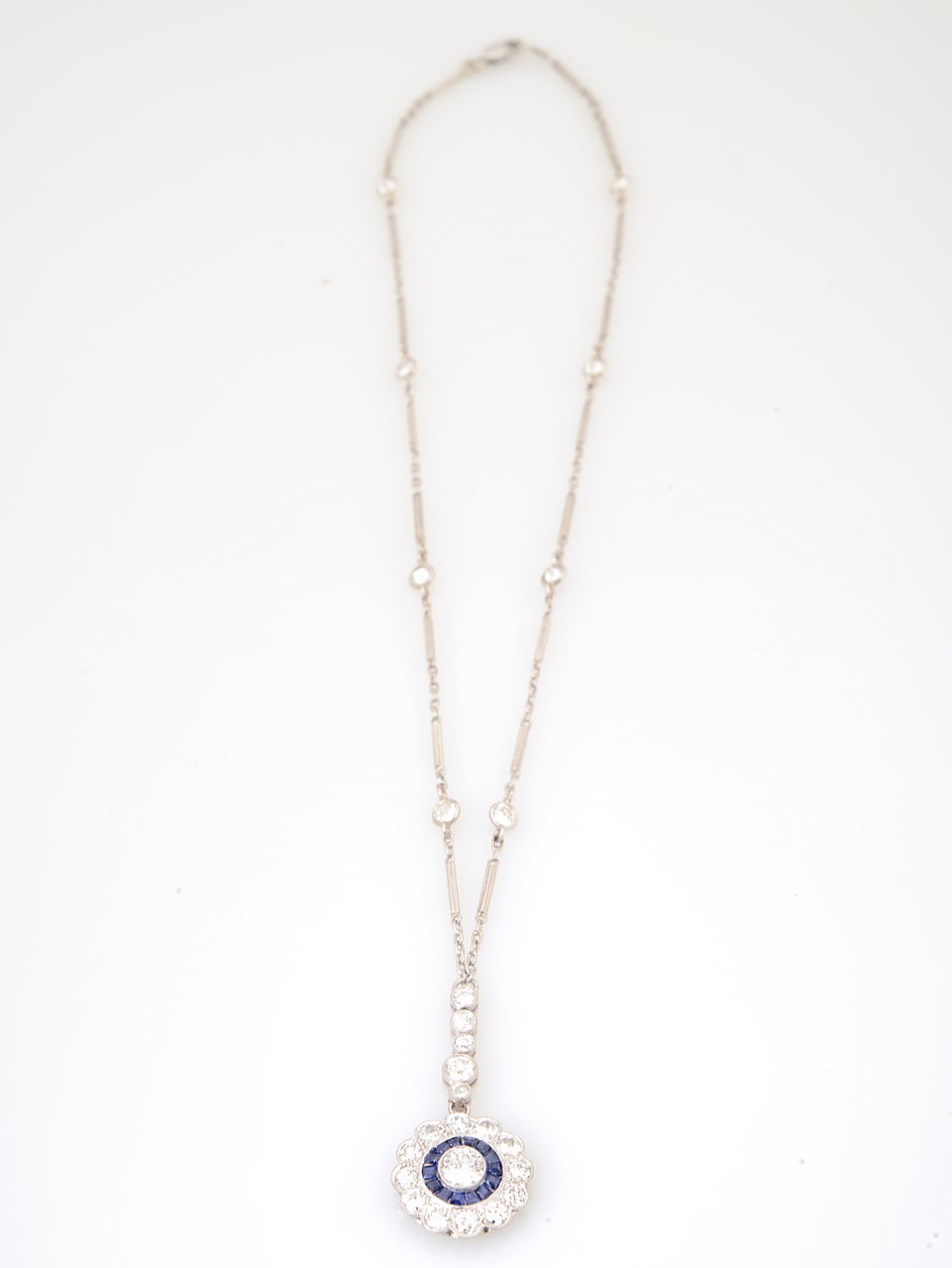 Art Deco Floral Sapphire and Diamond Platinum Drop Pendant Necklace at ...