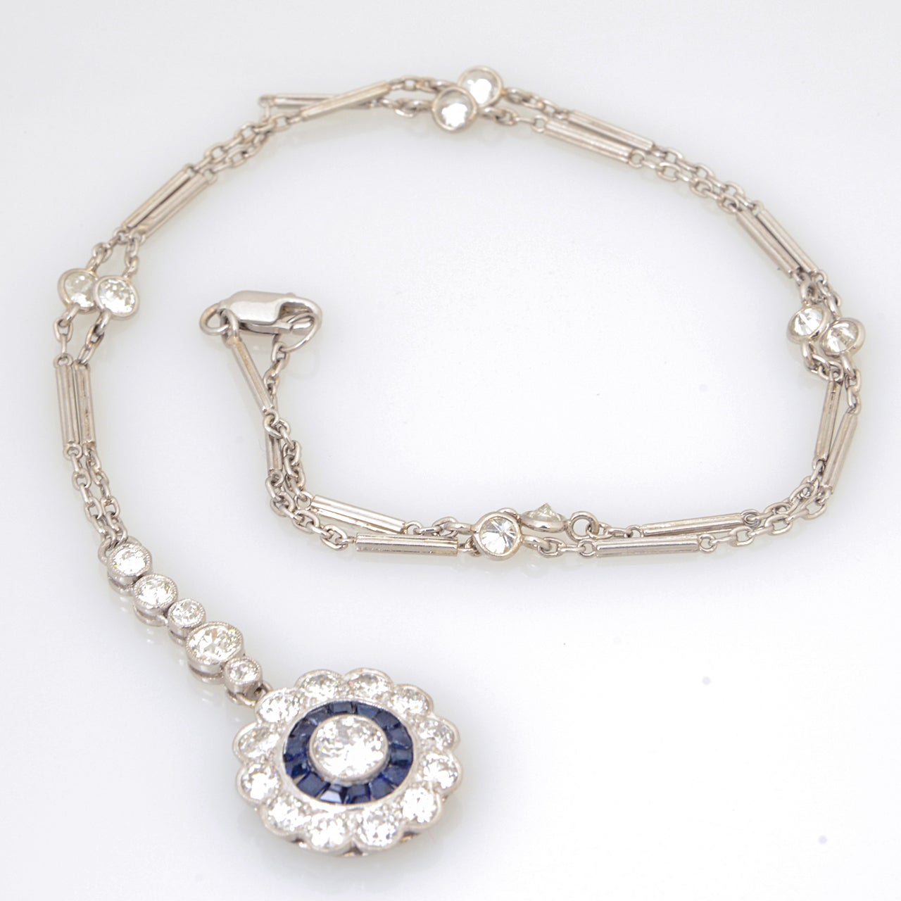Art Deco Floral Sapphire and Diamond Platinum Drop Pendant Necklace at ...