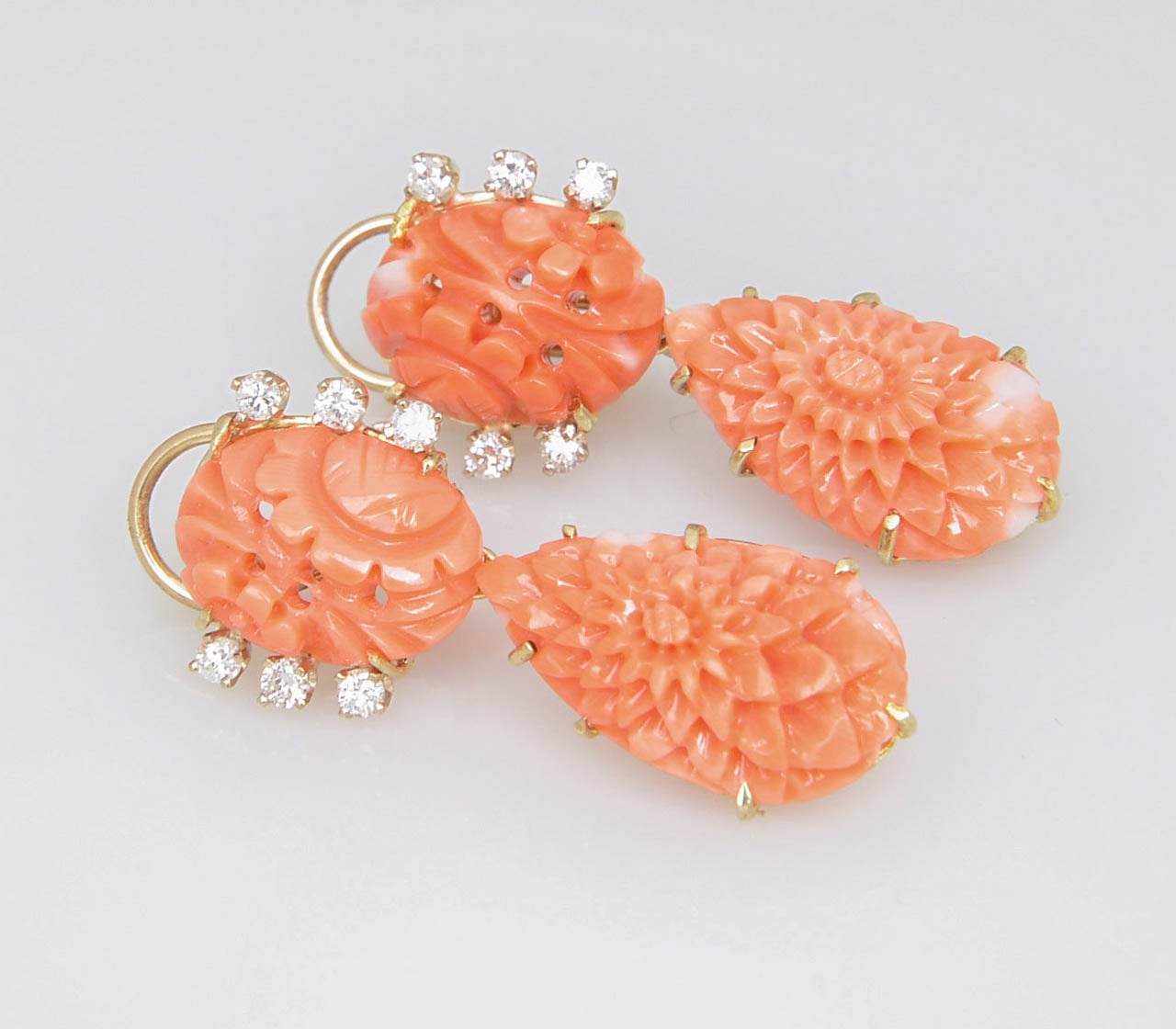 Carved Coral Floral Gold and Diamond Earrings at 1stDibs
