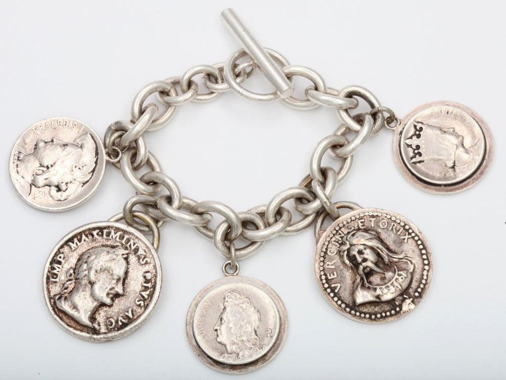 Sterling Silver Chain Bracelet with Antique French Coin Charms at ...