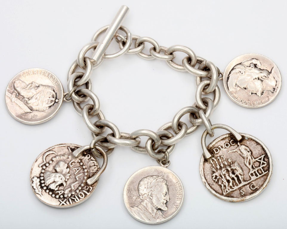Sterling Silver Chain Bracelet with Antique French Coin Charms at ...