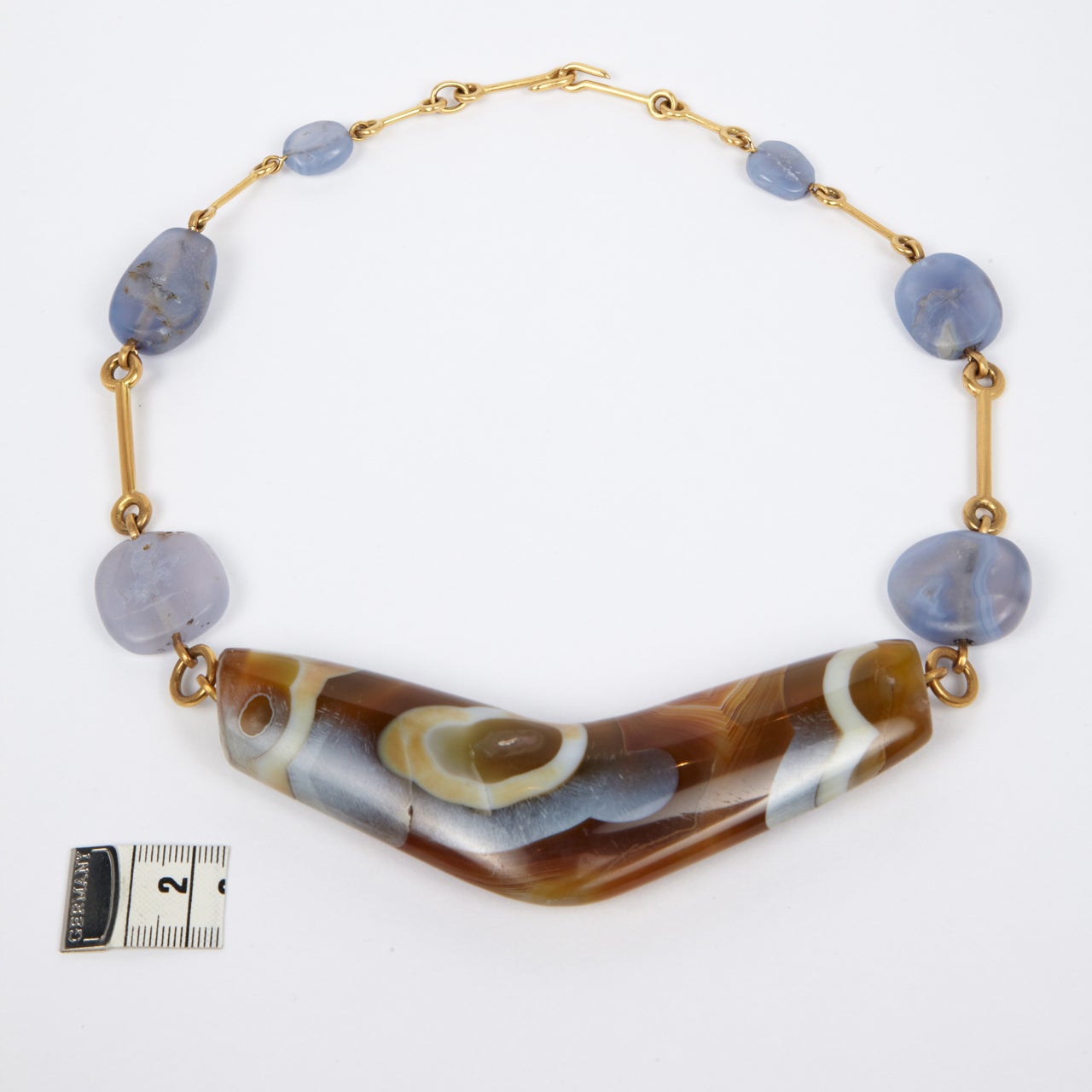 Antique Ribbon Agate Winged Bead And Gold Necklace at 1stDibs