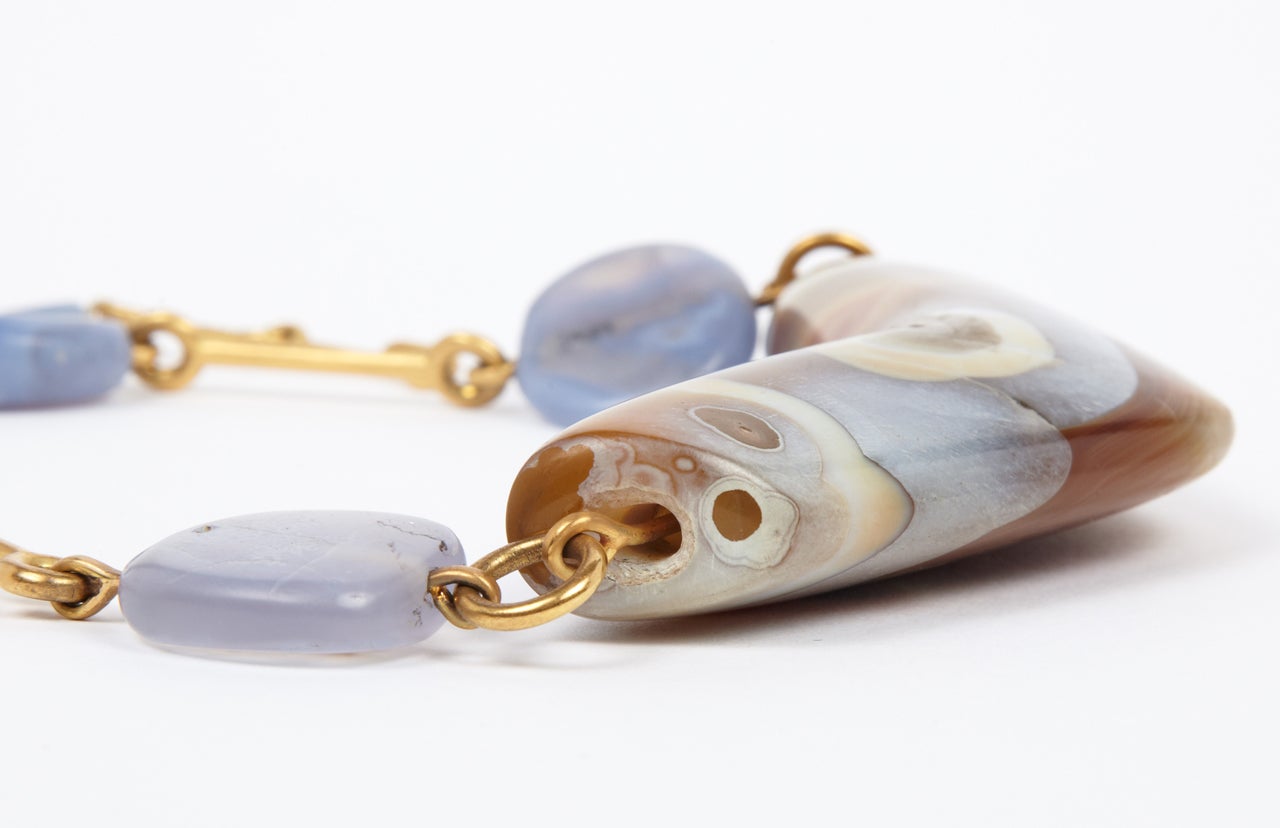 Antique Ribbon Agate Winged Bead And Gold Necklace at 1stDibs