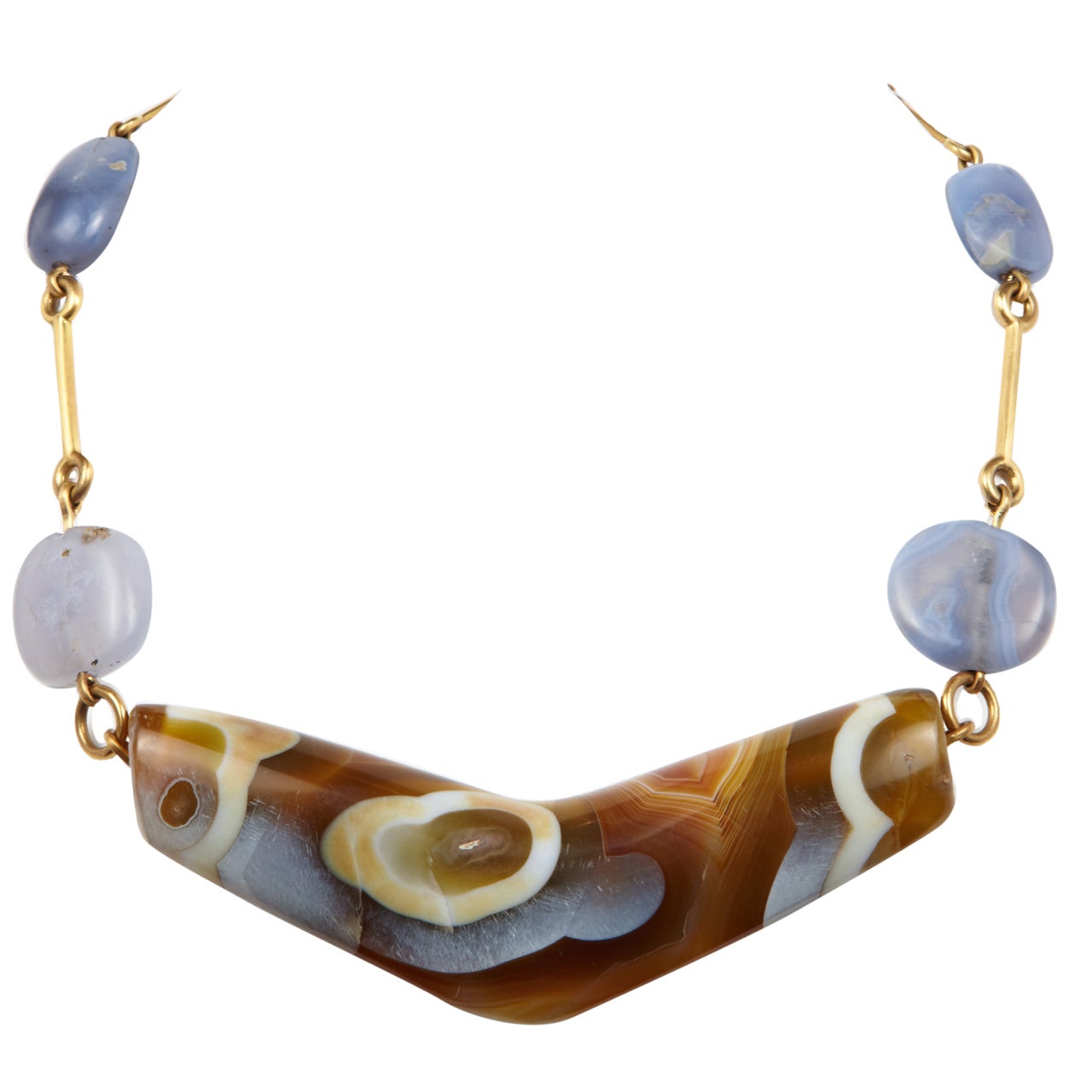 Antique Ribbon Agate Winged Bead And Gold Necklace at 1stDibs