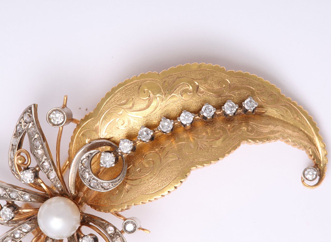 Diamond And Pearl Gold pin For Sale at 1stDibs