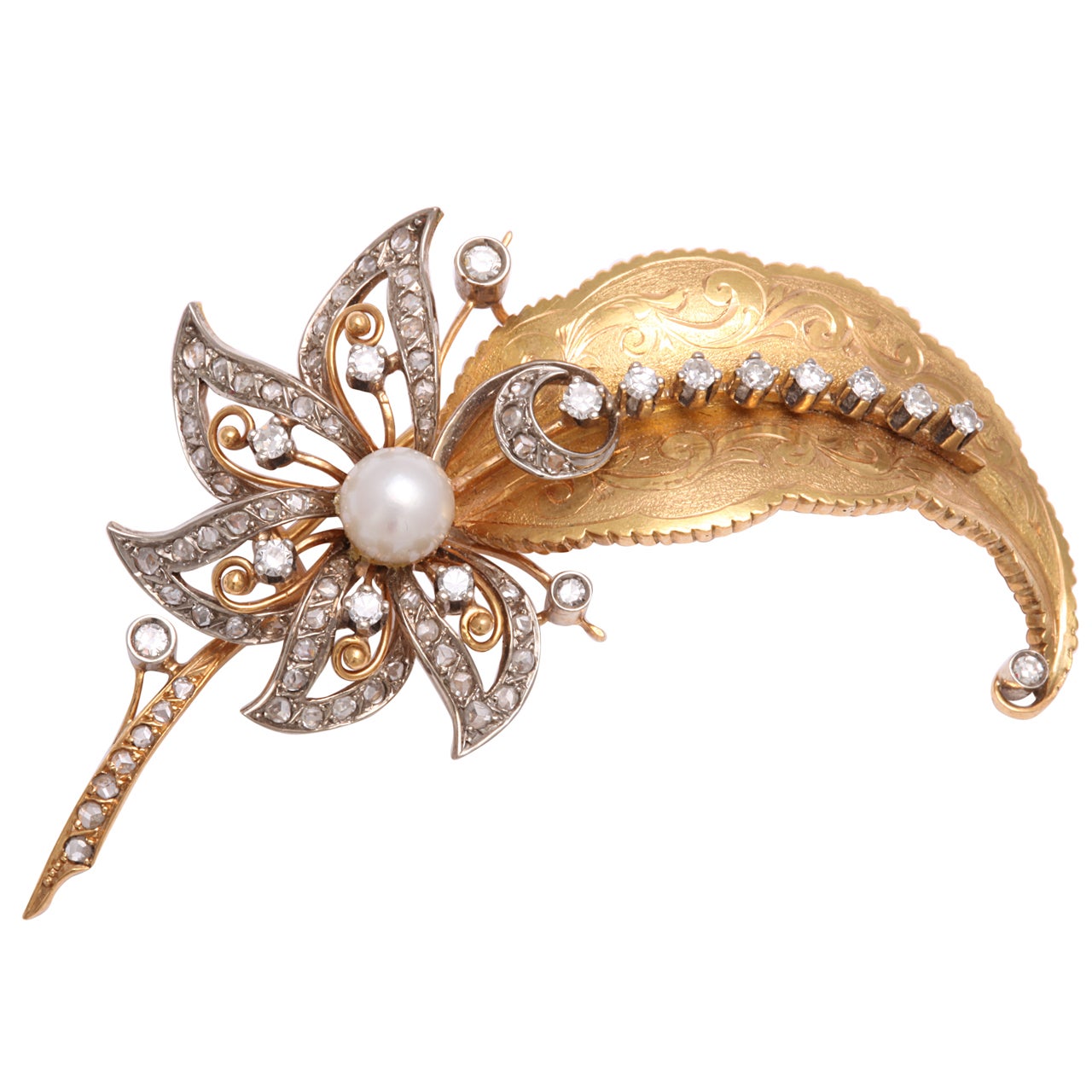 Diamond And Pearl Gold pin For Sale at 1stDibs