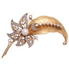 Diamond And Pearl Gold pin For Sale at 1stDibs