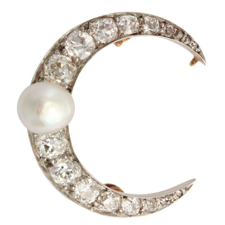 Victorian Diamond and Natural Pearl Moon Brooch For Sale at 1stDibs