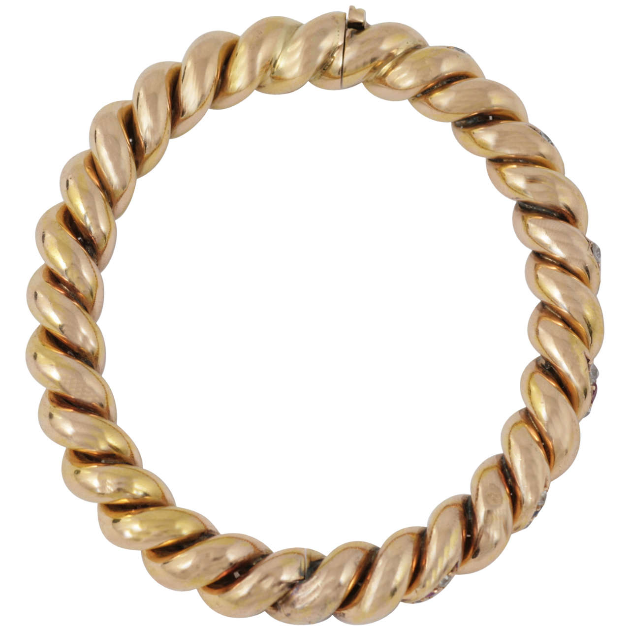 Late Victorian French Twisted Yellow Gold Ruby Sapphire Diamond Bangle ...