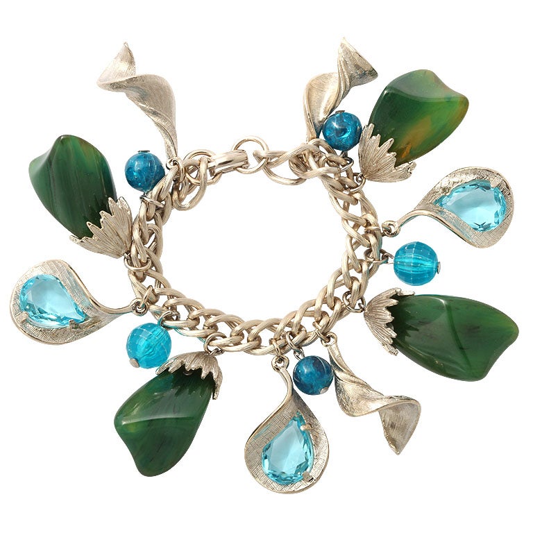 Silvertone Green and Turquoise Charm Bracelet For Sale at 1stDibs