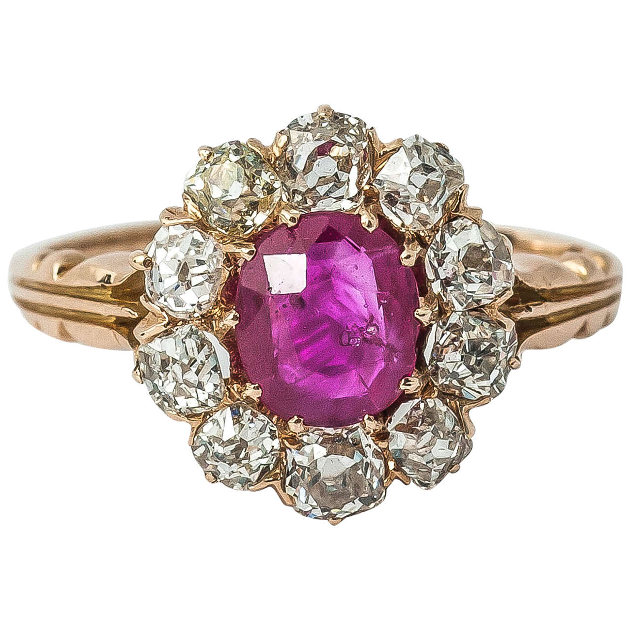Cluster Ring, 18 Carat Gold, Burma Ruby and Old Cut Diamonds, English ...