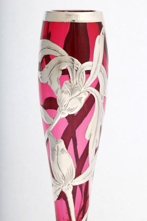 Art Nouveau Sterling Silver Overlay Cranberry Glass Vase at 1stDibs ...