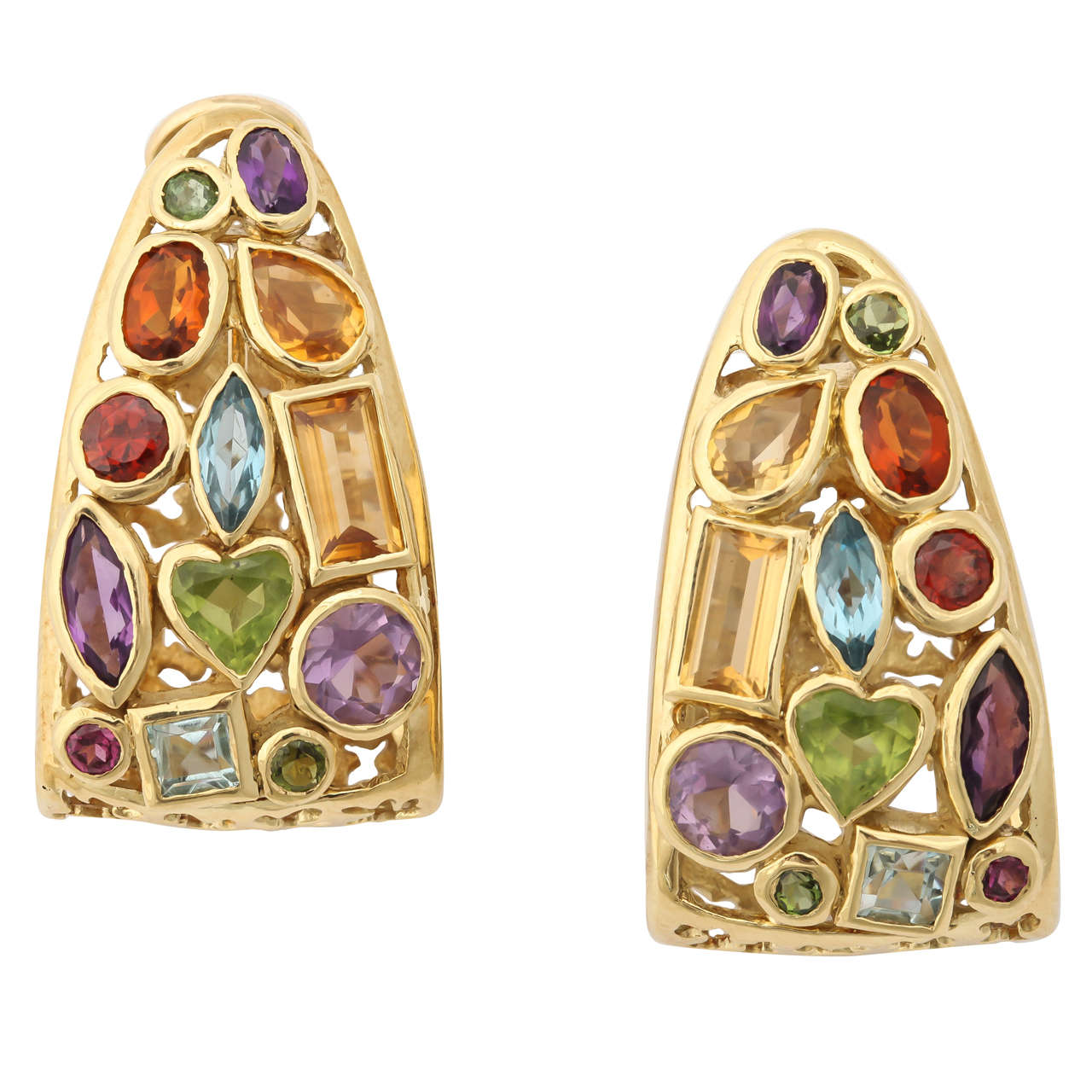 1980s Multicolored Gemstone Gold Half Hoop Clip On Earrings at 1stDibs