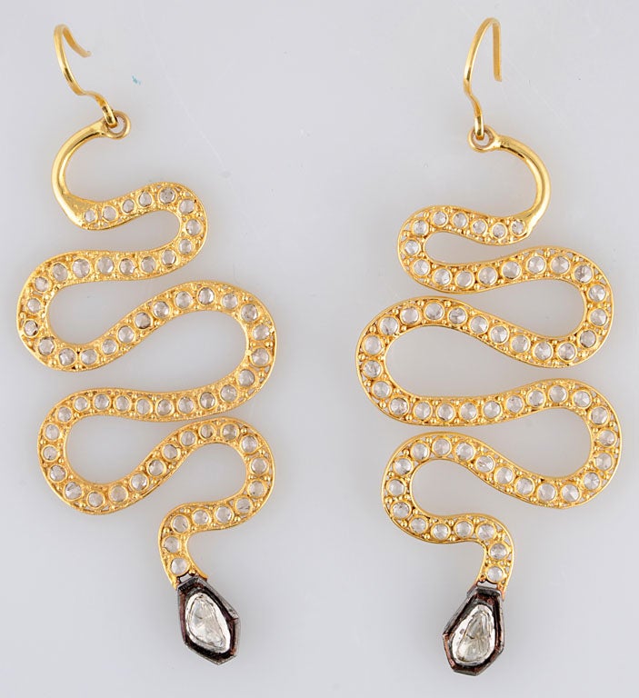 Long Dangling Diamond Silver and Gold Snake Earrings over 11 carats For ...