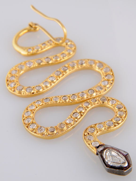 Long Dangling Diamond Silver and Gold Snake Earrings over 11 carats For ...