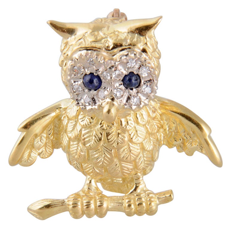Adorable Gold Owl On Branch Brooch For Sale at 1stDibs