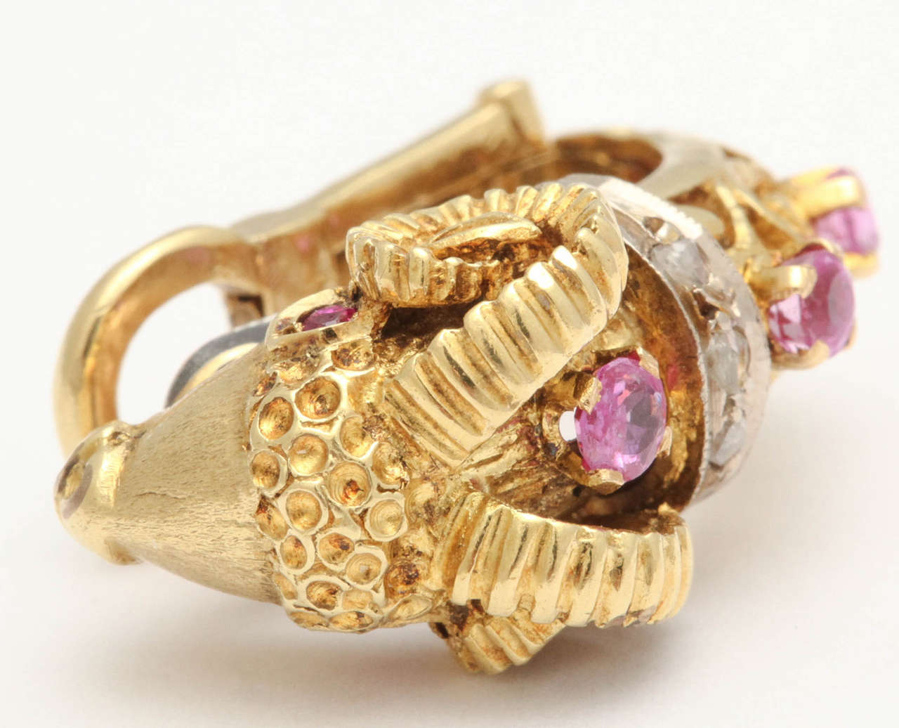 Greek Ruby Diamond Gold Ram's Head Earrings, 20th century at 1stDibs