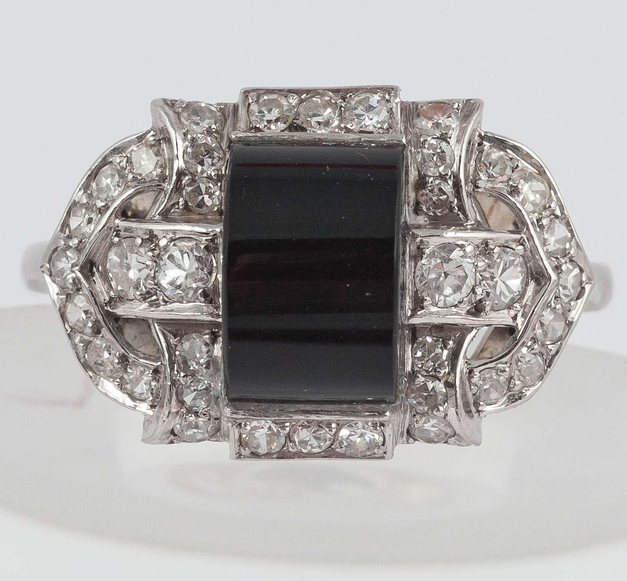 Art Deco Onyx Diamond Platinum Cocktail Ring For Sale at 1stDibs