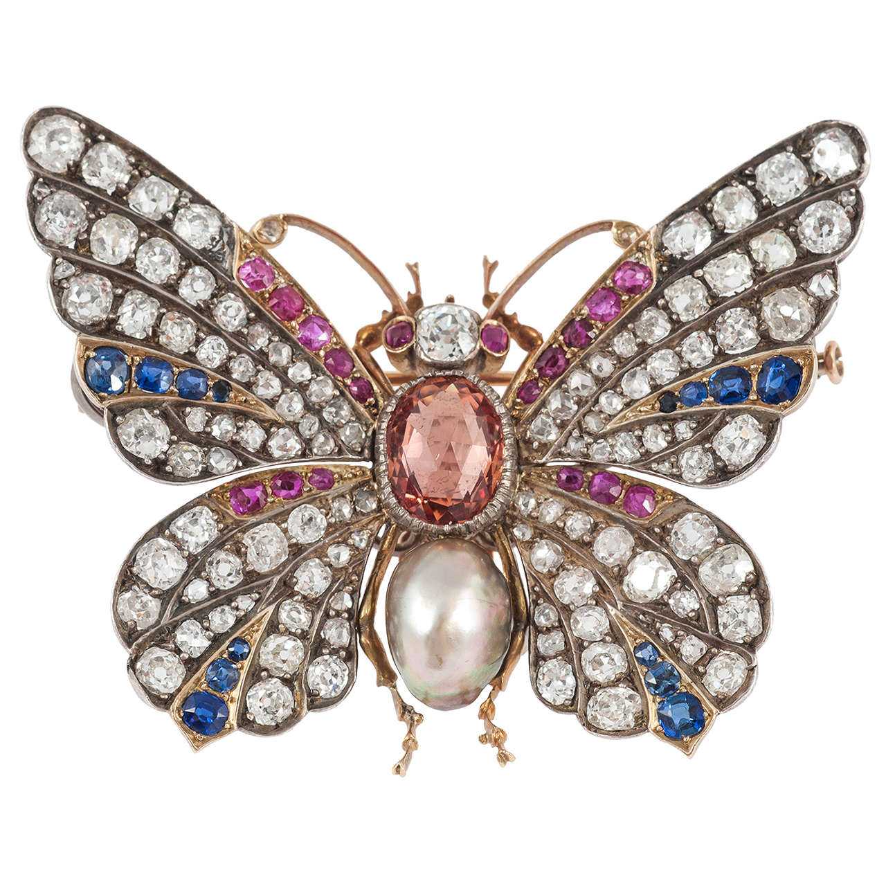 Large Victorian Pearl Silver Gold Butterfly Pin For Sale at 1stDibs ...