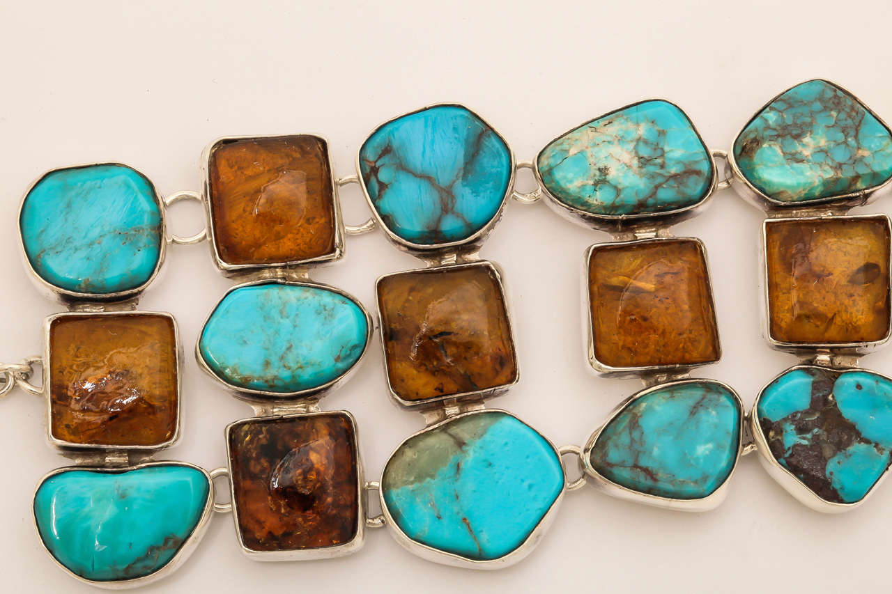 Impressive Turquoise Amber Silver Bracelet For Sale at 1stDibs