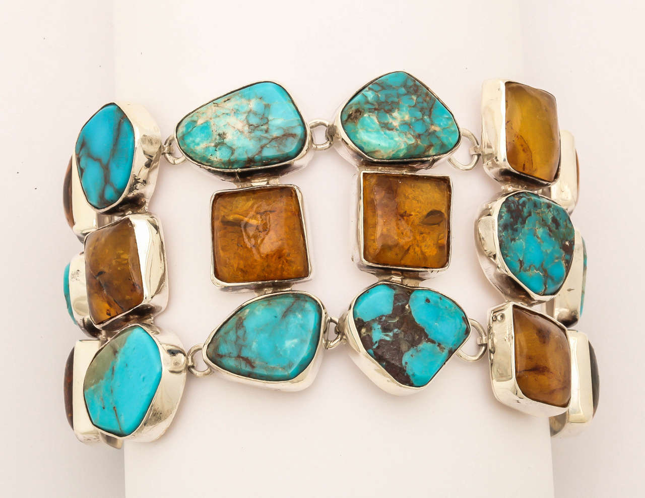 Impressive Turquoise Amber Silver Bracelet For Sale at 1stDibs