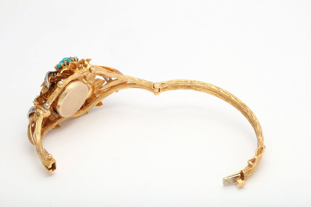 Incredible Floral Turquoise Diamond Covered Gold Watch Bracelet at 1stDibs
