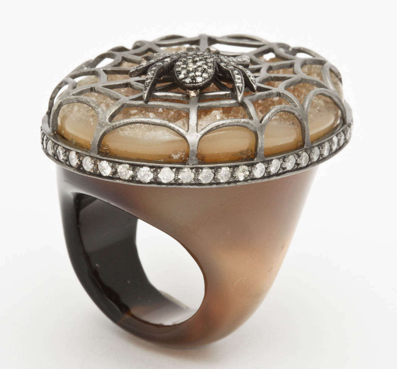 Agate Diamond Silver Spider Ring For Sale at 1stDibs