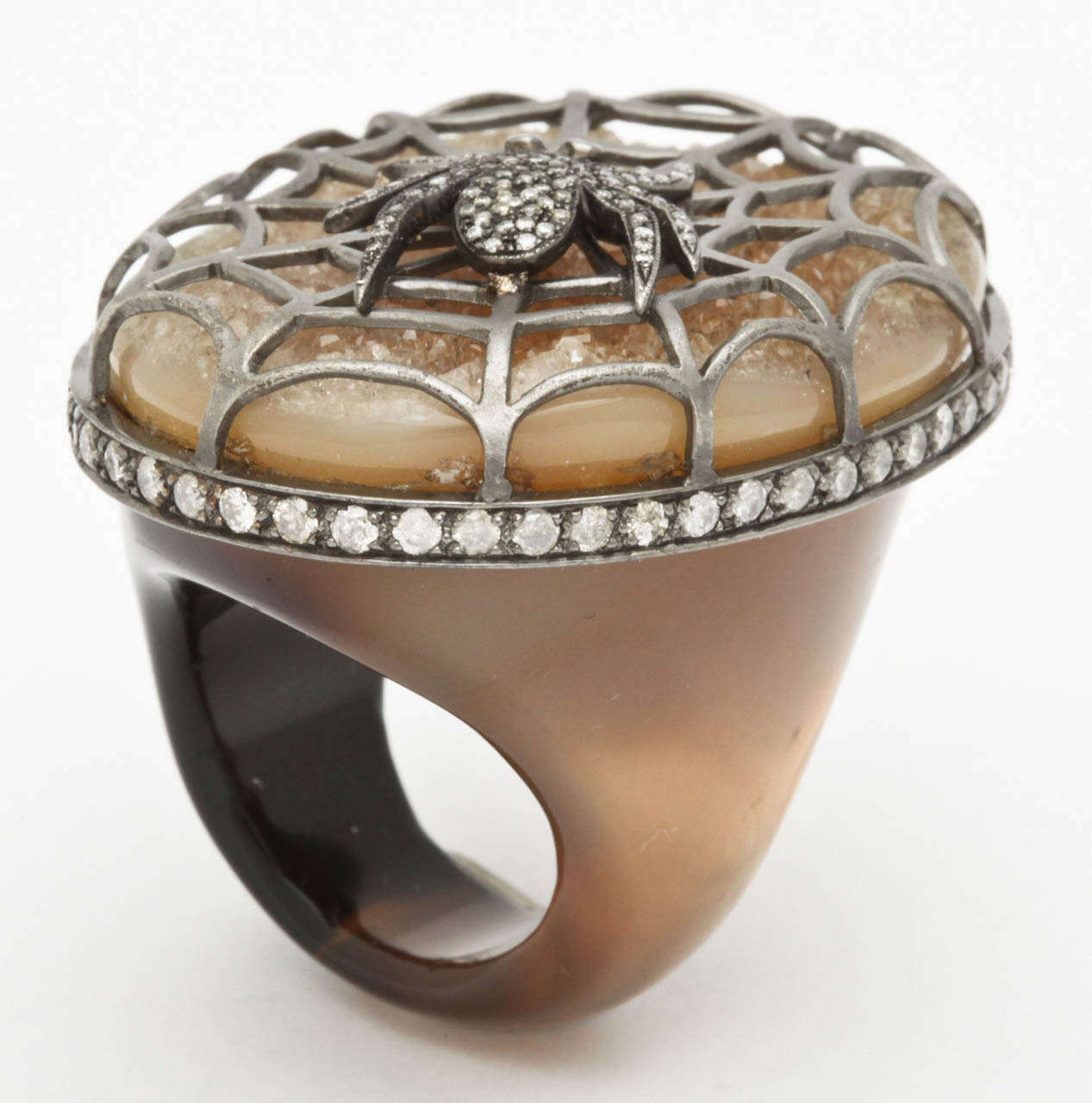 Agate Diamond Silver Spider Ring For Sale at 1stDibs
