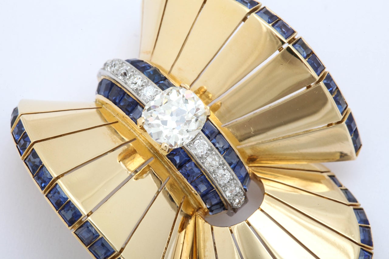 Van Cleef and Arpels Retro Gold Diamond Sapphire Pin For Sale at 1stDibs