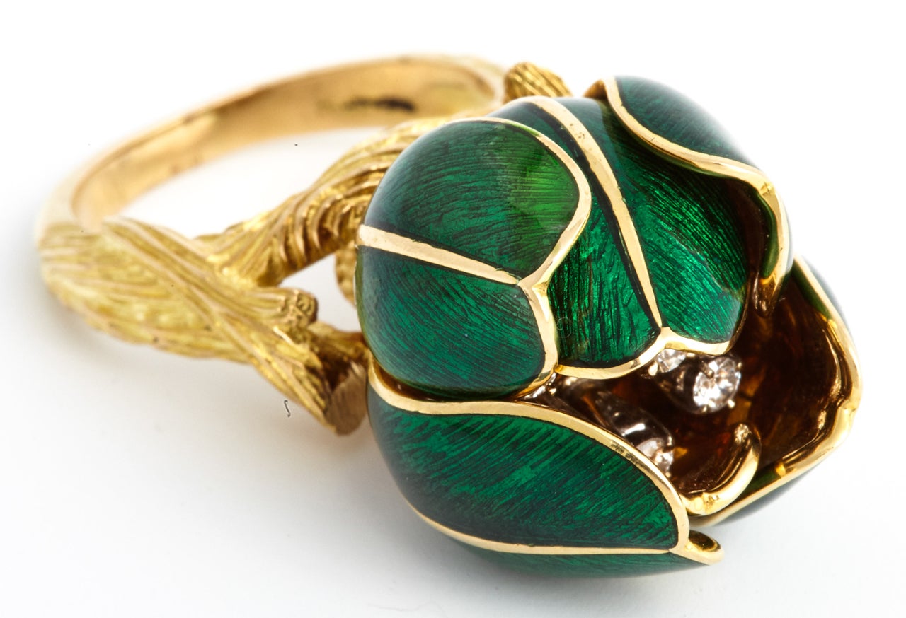 An articulated green guilloche enamel flower ring at 1stDibs ...