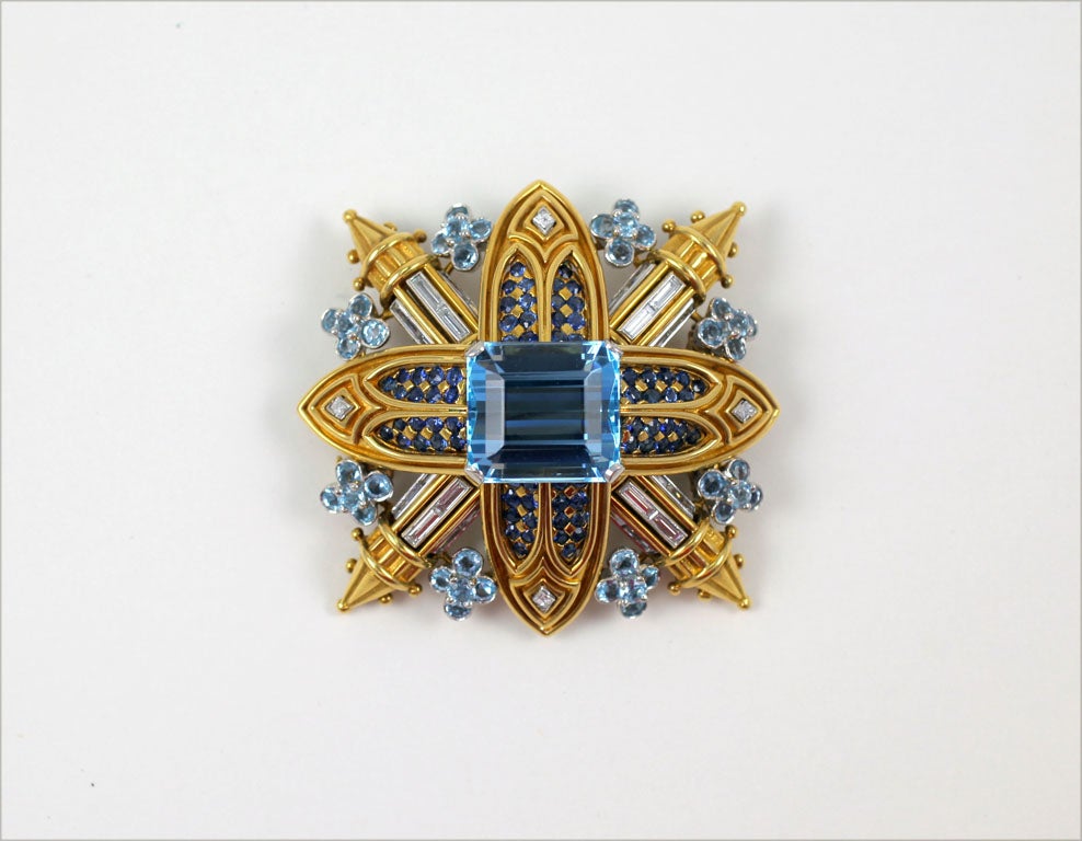 TIFFANY Rare Aquamarine Gothic Emblem Pin by Sonia Younis 1970 at 1stDibs