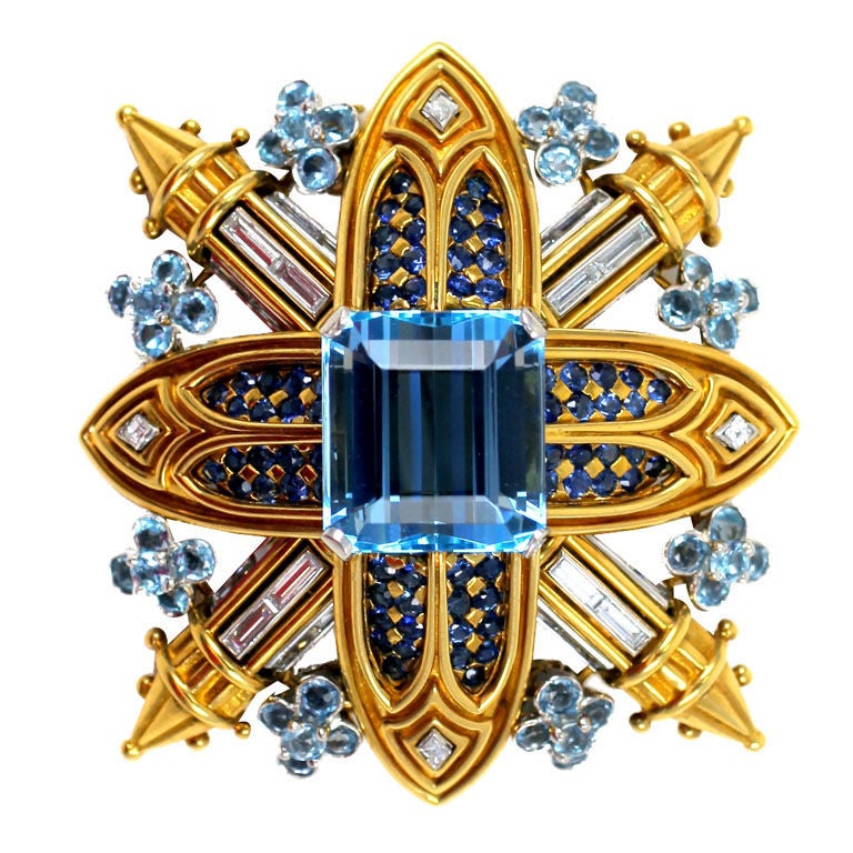TIFFANY Rare Aquamarine Gothic Emblem Pin by Sonia Younis 1970 at 1stDibs