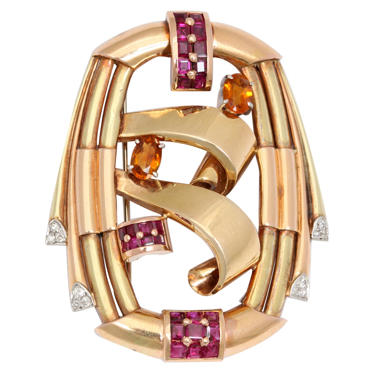 Retro Red Gold, Ruby, Diamond and Citrine Pin For Sale at 1stDibs