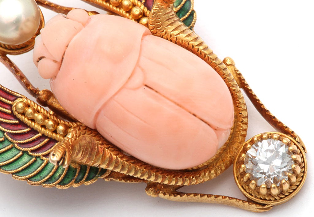 Egyptian Revival Scarab Brooch With Angel Skin Coral And Diamond at 1stDibs