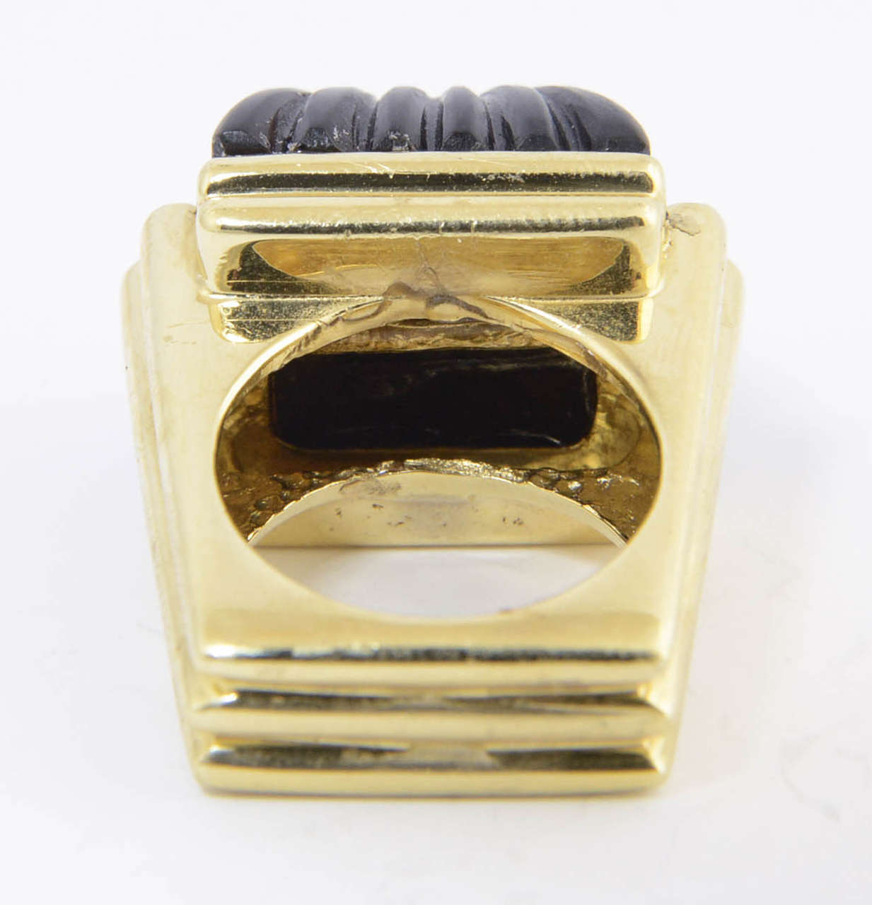 Stylized Carved Onyx and Diamond Gold Ring at 1stDibs