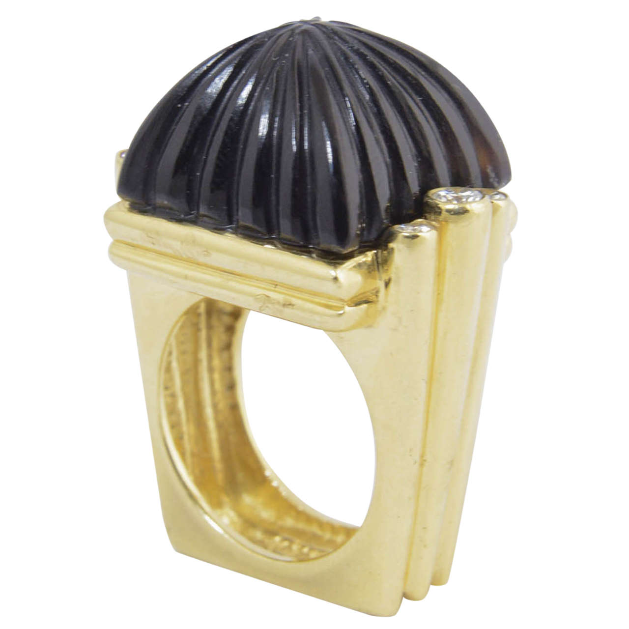 Stylized Carved Onyx and Diamond Gold Ring at 1stDibs