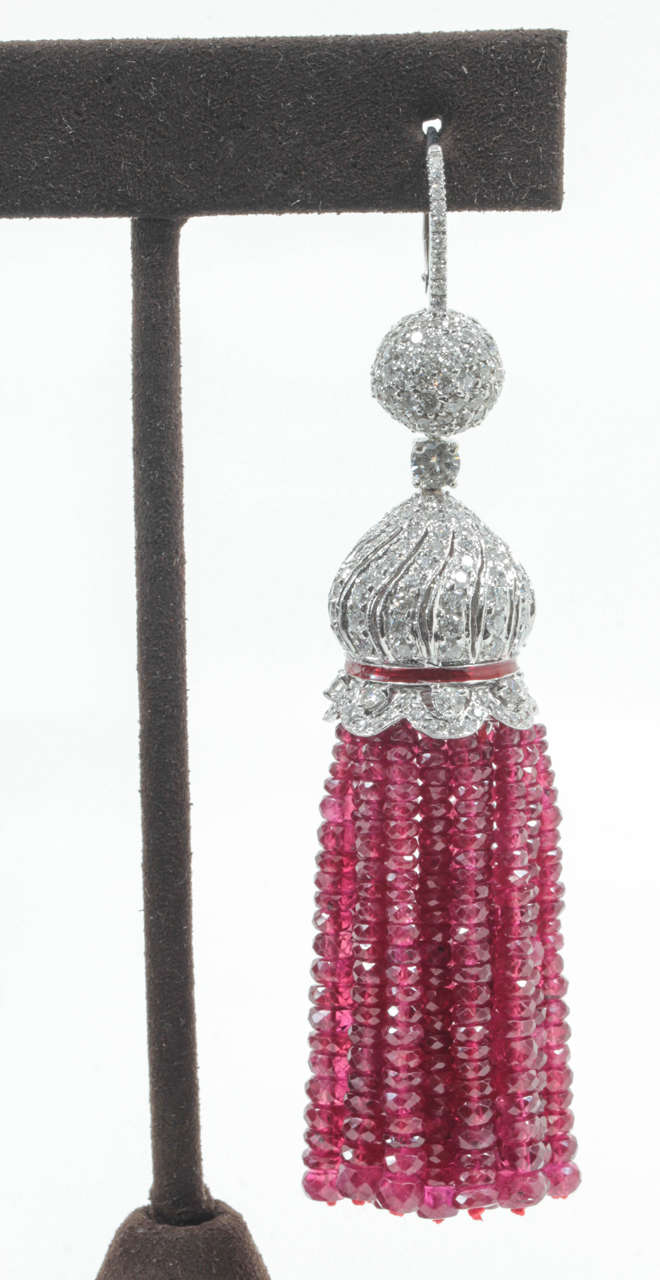 Two Hundred Carat Burma Ruby Beads Diamond Tassel Earrings For Sale at ...