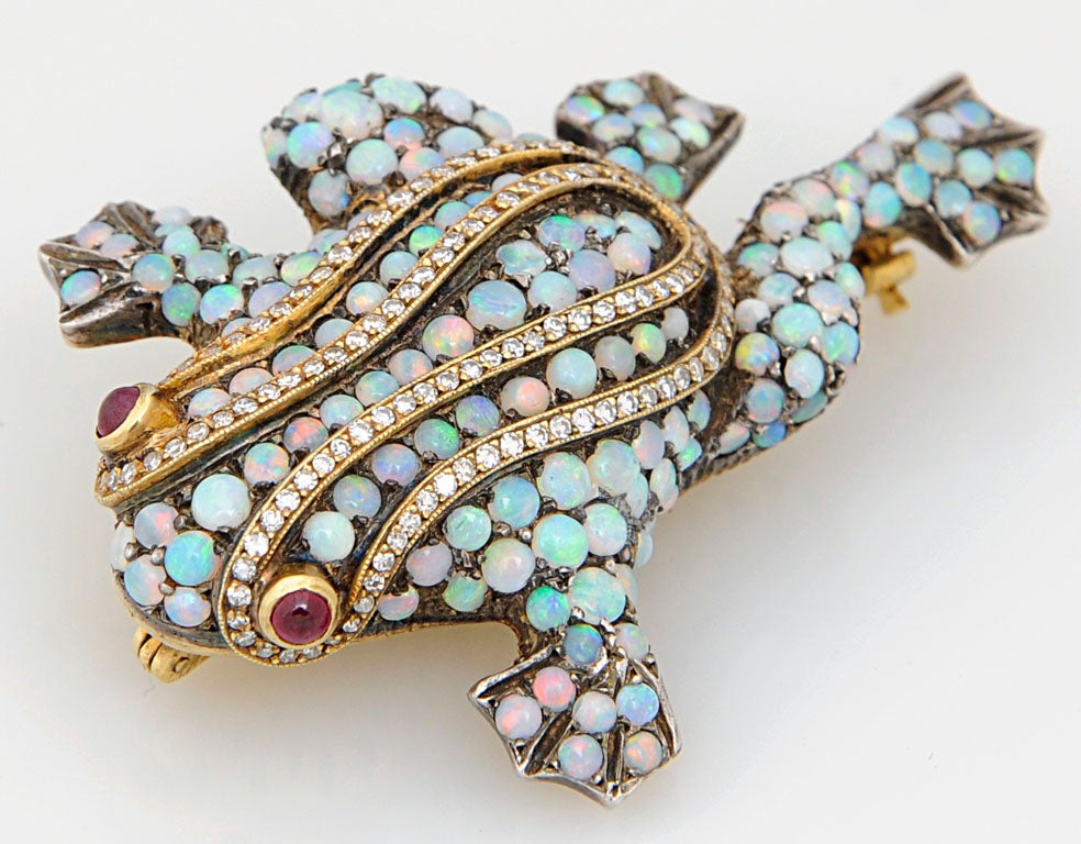Delightful Opal and Diamond Gold Frog Brooch with Ruby Eyes at 1stDibs