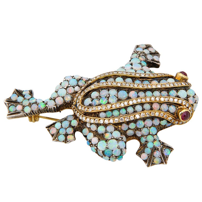 Delightful Opal and Diamond Gold Frog Brooch with Ruby Eyes at 1stDibs