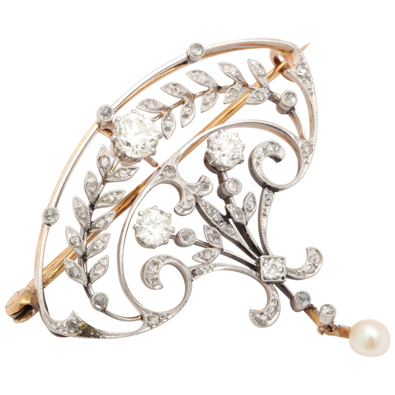Pearl Diamond Gold Brooch For Sale at 1stDibs