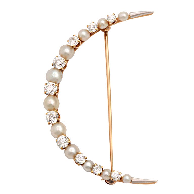Natural Pearl Diamond Gold Crescent Pin at 1stDibs