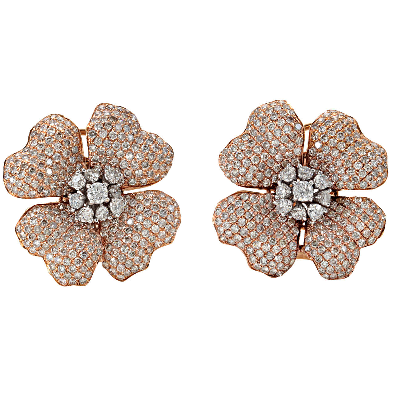 Pink and White Gold Diamond Flower Earring For Sale at 1stDibs