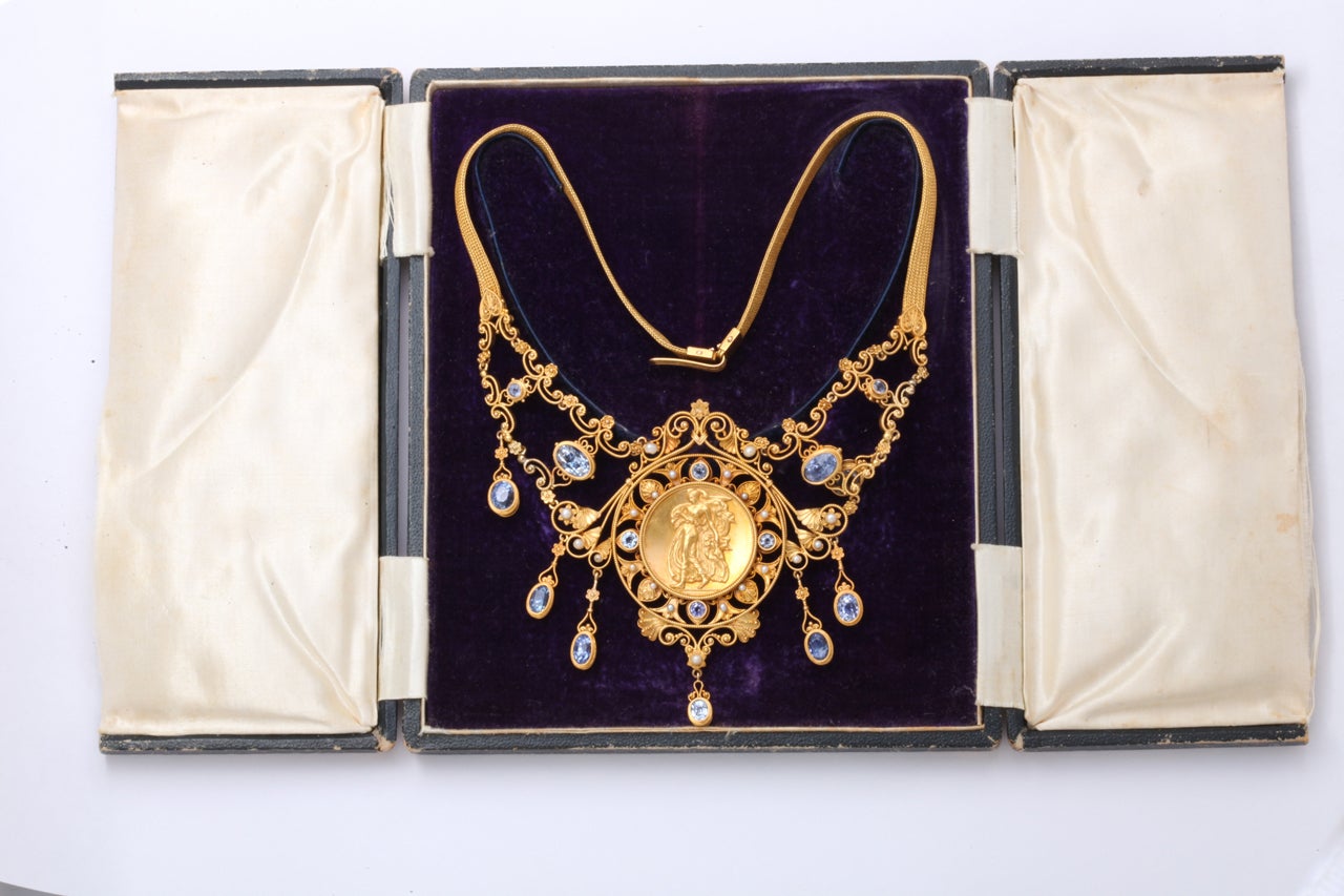 Antique 19th Century Italian Renaissance Pearl Sapphire Gold Necklace ...
