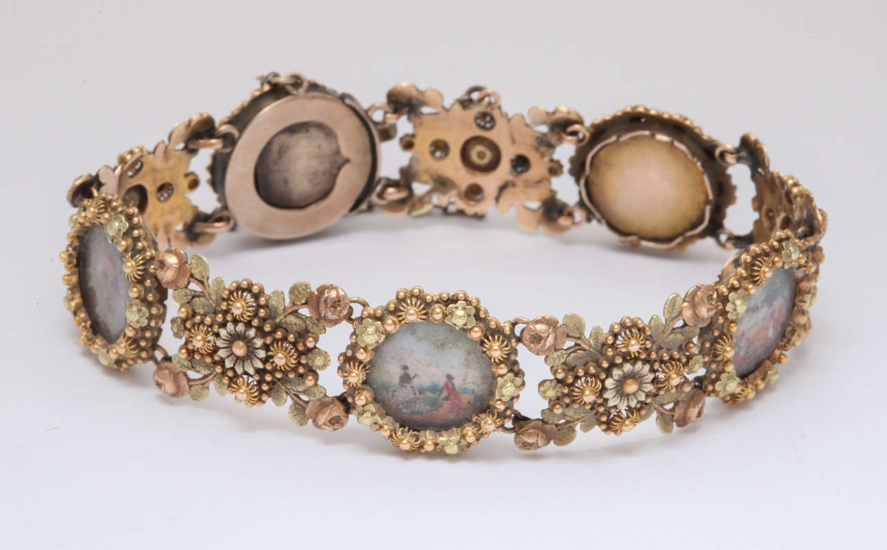 Early Colonial Painted Miniature Gold Filigree Bracelet For Sale at ...