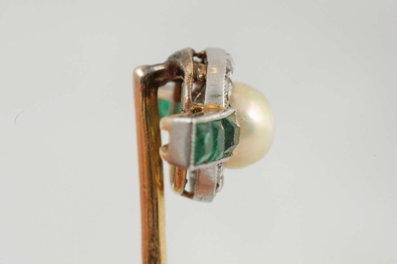 Pearl, Emerald and Diamond Tie Pin in 18 Karat Gold and Platinum ...