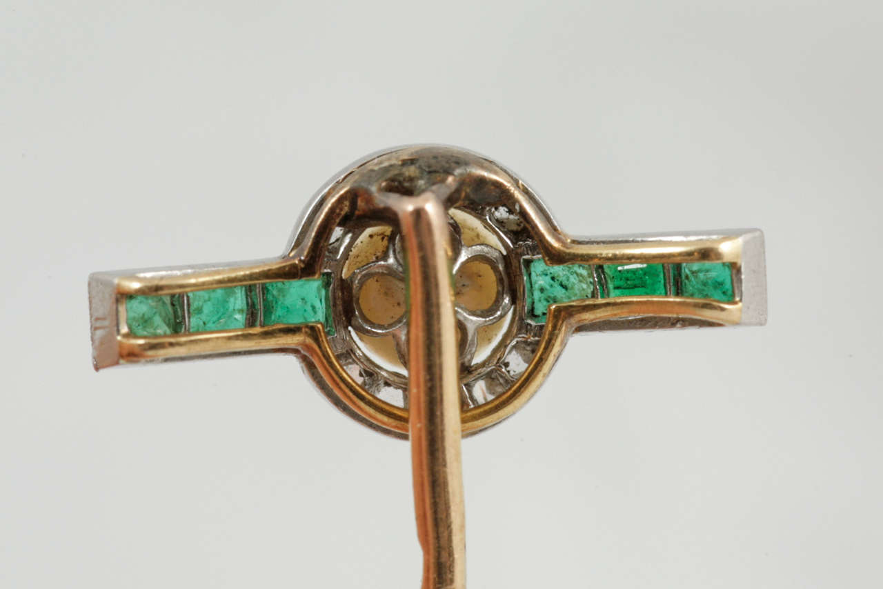 Pearl, Emerald and Diamond Tie Pin in 18 Karat Gold and Platinum ...