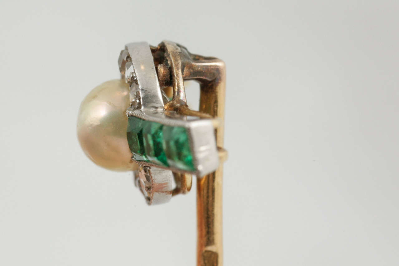 Pearl, Emerald and Diamond Tie Pin in 18 Karat Gold and Platinum ...