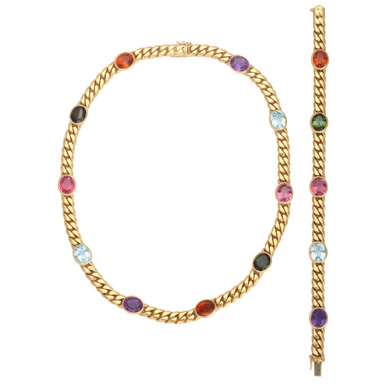 Gold and Colored Stone Necklace and Bracelet at 1stDibs